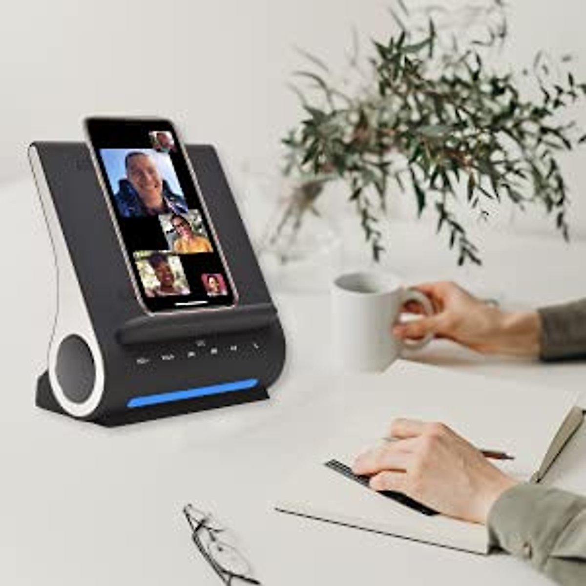 Fast 15 Watts Wireless Charger Sound Hub Bluetooth Speaker with Upgraded Mic Handsfree Calling Two USB Ports, Upright View Angle, Space Saving 4 in 1 Dock