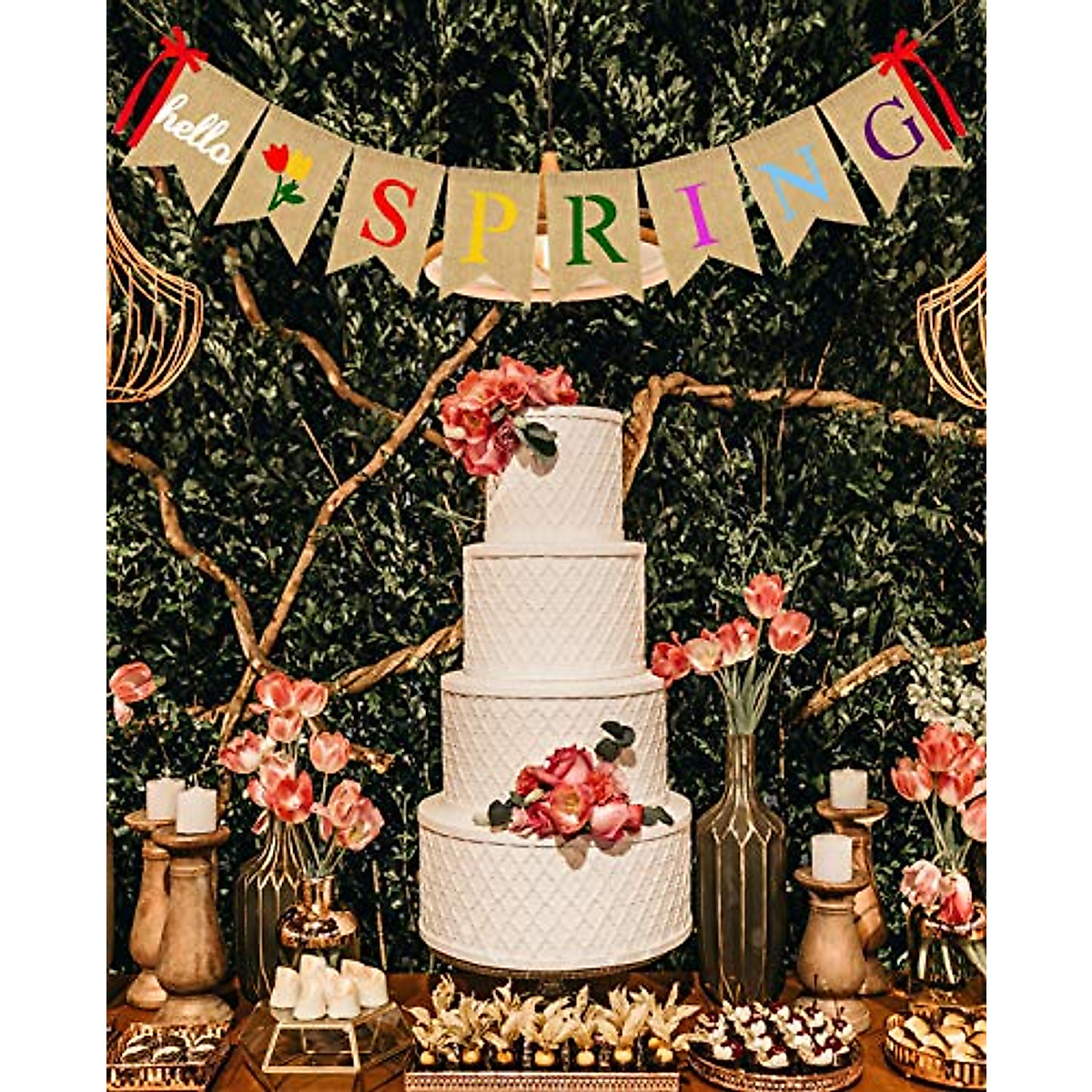 JOZON Hello Spring Burlap Banner Jute Spring Bunting Banner Garland Flower Spring Decorations for Indoor Outdoor Party Mantel Fireplace Wall Decor