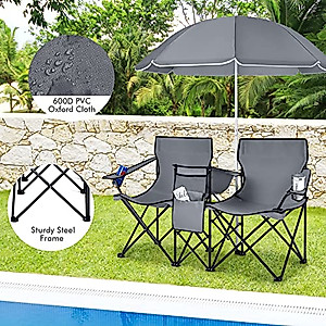 COSTWAY, Folding w/Detachable Umbrella, Cooler Bag, Cup Holders, Patio Beach Camping Outdoors Double Portable Picnic Chair, Grey