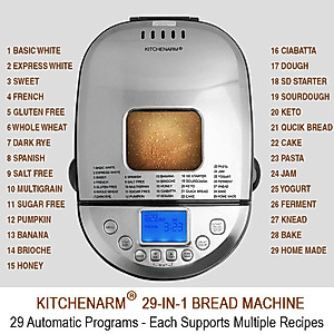 KITCHENARM 29-in-1 SMART Bread Machine with Gluten Free Setting 2LB 1.5LB 1LB Bread Maker Machine with Homemade Cycle - Stainless Steel Breadmaker with Recipes Whole Wheat Bread Making Machine