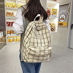 JHTPSLR Light Academia Aesthetic Backpack Plaid Preppy Backpack Teen Girls Book Bags Back to School Backpack Supplies (Beige)