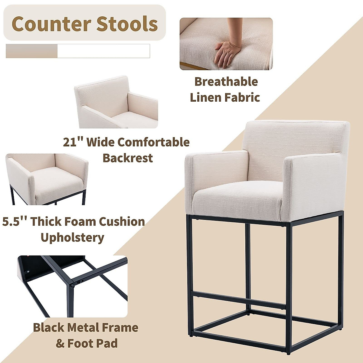 Modern Counter Height Bar Stools Set of 2, Linen Fabric Upholstered Bar Stools with Backs, 26 Inch Kitchen Island Stools with Black Metal Frame, Cream