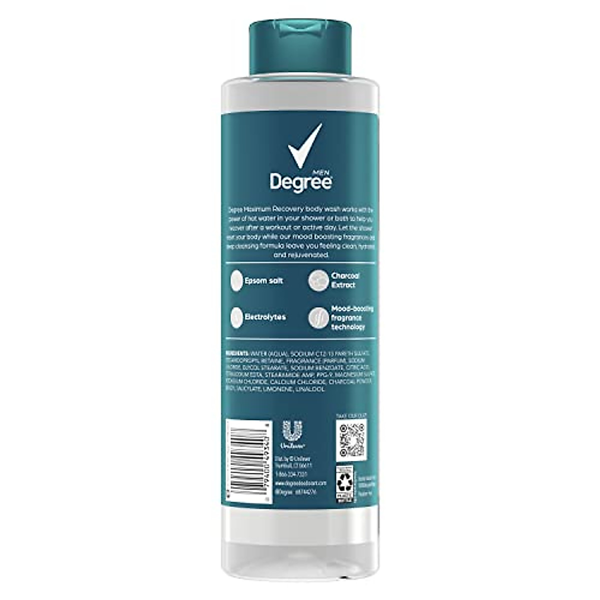 Degree Men Body Wash and Soak For Post-Workout Recovery Skincare Routine Charcoal + Epsom Salt + Electrolytes Bath and Body Product, 22 Fl Oz (Pack of 4)