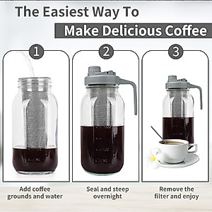 BTWD Cold Brew Coffee Maker, 64oz Glass Mason Jar Pitcher Iced Tea Maker Wide Mouth Spout Lid Airtight with Handle Stainless Steel Filter for Iced Coffee, Ice Lemonade, Fruit Drinks, with Spoon/Brush