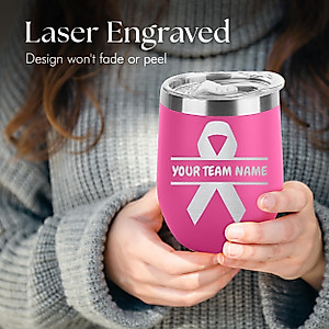 Personalized Custom Breast Cancer Ribbon Your Name Engraved Insulated Stainless Steel Wine Tumbler with Lid 12 oz. Gift for Her (Pink)