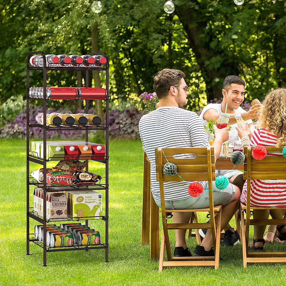 Water Bottle Organizer 5 Tier Water Bottle Storage Rack Metal Drink Stand Freestanding Water Bottle Holder Rack for Kitchen Pantry Home Party Large Storage Rustic Brown