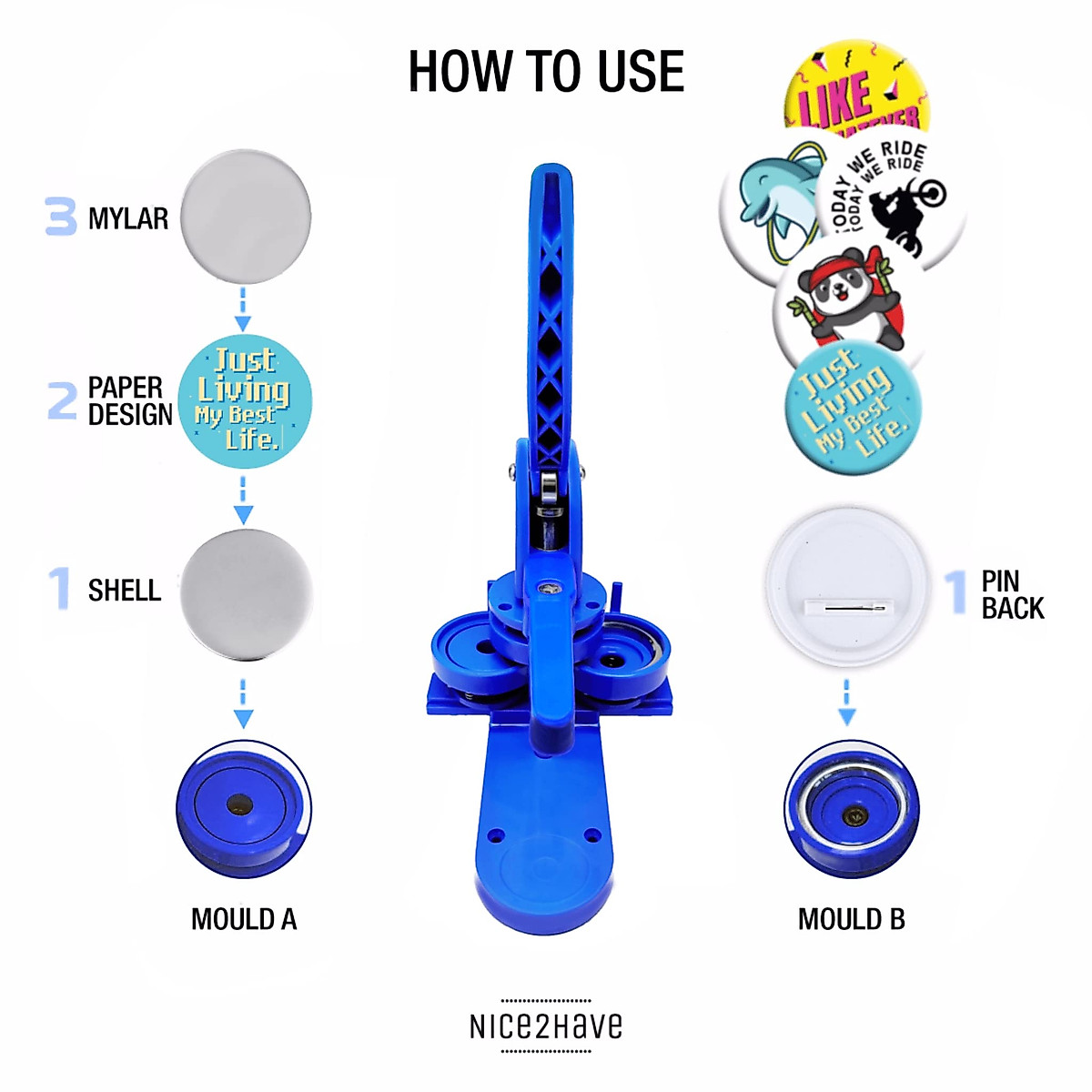 Nice2Have Button Maker Machine Multiple Sizes 1-1.25-2.25in (500 Buttons,15 Bottle Openers,15 Fridge Magnets,15 Keychain Buttons, 500+ Free Designs,3 Circle Cutters) - Pin Maker Machine