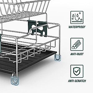 Youvip Dish Drying Rack for Kitchen Counter, 2 Tier Dish Racks with Drainboard Set, Dish Drainers with Utensil Holder, Cups Holder, Kinfe Block and Drying mat
