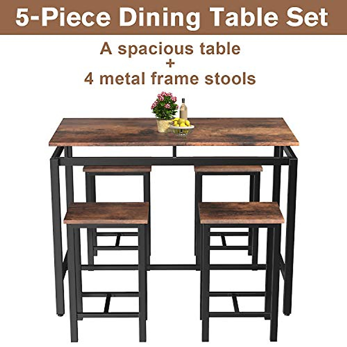 Recaceik Bar Table Set, 5 Pcs Dining Table Set, Modern Kitchen Table and Chairs for 4, Pub Table Set Farmhouse Counter Height Wood Top for Breakfast Living Room Small Space