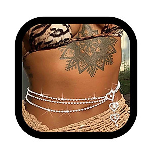Zoestar Rhinestone Waist Chains Tassel Crystal Waist Chain Layered Crystal Heart Pendant Belly Body Chain Jewelry for Women