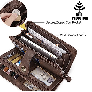 Telena Wallets for Women Large Capacity Zipper Wristlet Clutch Purse Coffee