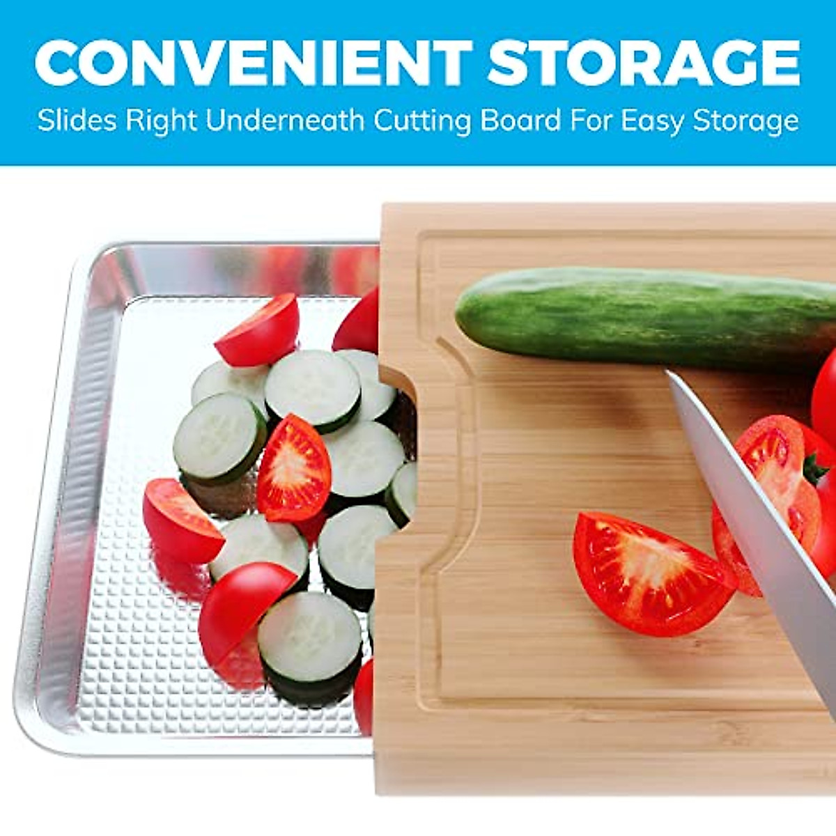 Easy-to-Clean Bamboo Wood Cutting Board Set with Non Stick Pullout Baking Sheet Tray - Easy Compact Storage Chopping Board Set