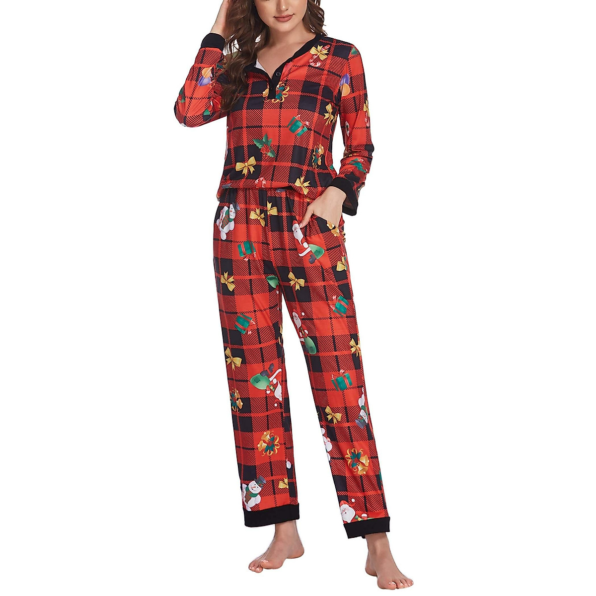 Ekouaer Women Button Up Pjs Sets Long Sleeve Sleepwear with Long Pants 2 Piece Henley Loungewear Set