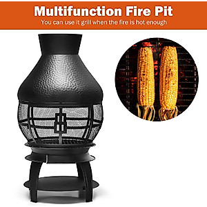 S AFSTAR Outdoor Cast Iron Chimenea, Fireplace Wooden Chiminea Fire Pit w/Fire Poker, 360°Fire Retardant Mesh Cover, Patio Wood Burning Chiminea