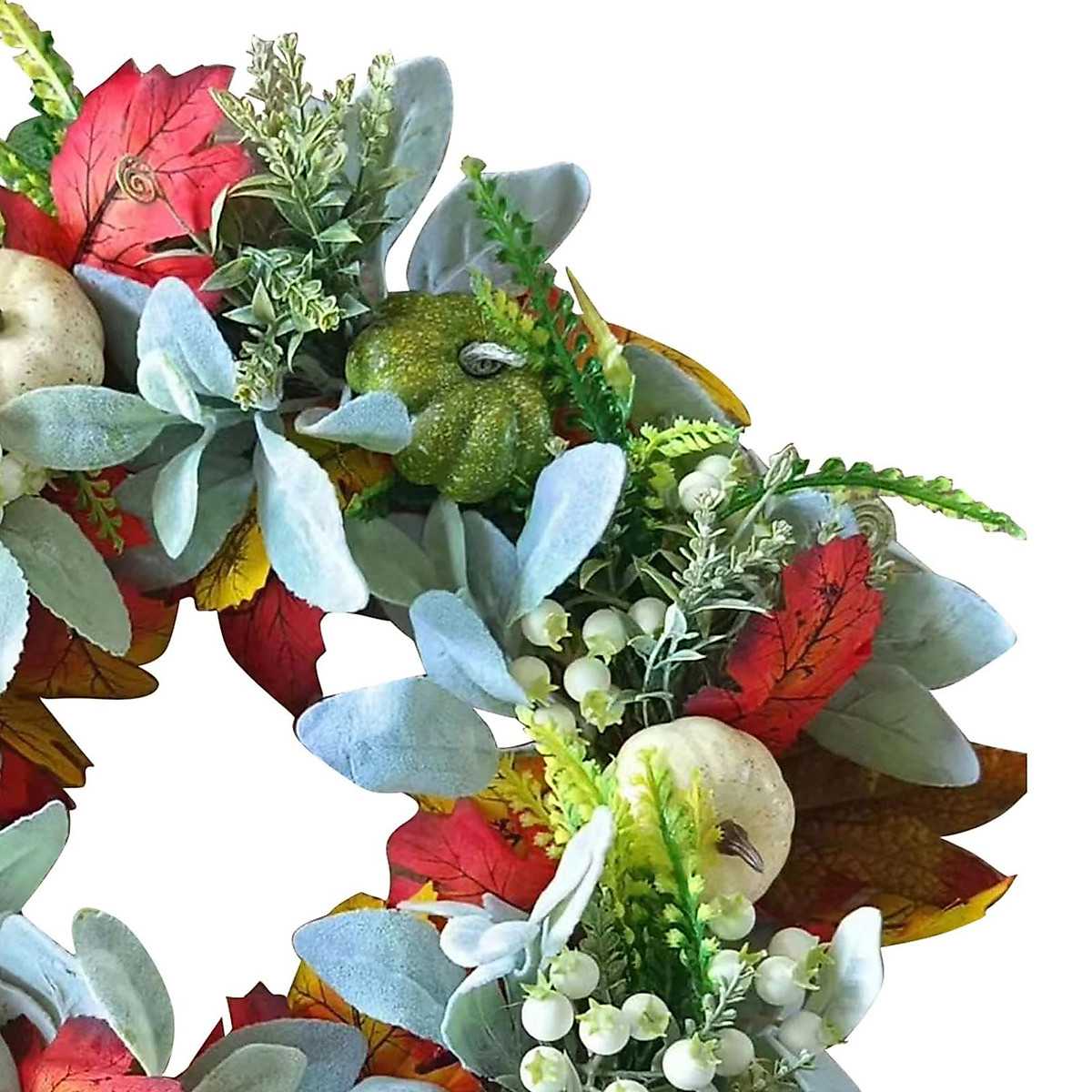 Fall Wreaths for Front Door Harvest Wreath with White Pumpkin Cotton Lamb's Ear Eucalyptus Leaves Farmhouse Autumn Wreath for Thanksgiving Halloween Decoration Indoor Outdoor (Maple-13.77IN)
