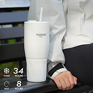 WOOVO 30 oz Tumbler with Lid and Straw - Insulated Double Wall Stainless Steel Water Bottle with SIlicone Boot - BPA Free Dishwasher Safe Tumbler, Reusable 30oz Travel Cup Stay Hot Cold - White