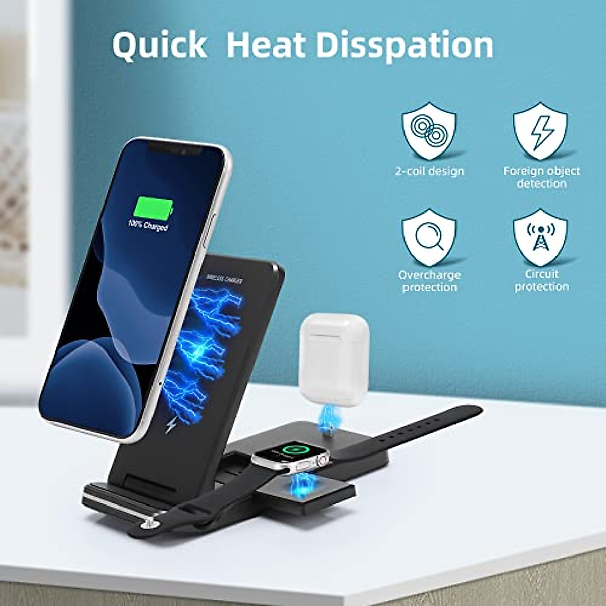 Wireless Charger, 3 in 1 Wireless Charging Station, Fast Wireless Charger Stand for iPhone 14/13/12/11/Pro/Max/XS/XR/X/8/Plus, for Apple Watch 8/7/6/5/4/3/2/SE, for AirPods 3/2/Pro(Black)