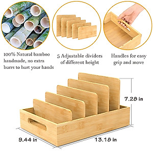 Retro Shaw Bamboo Food Container Lid Organizer for Cabinet & Drawer,Kitchen Cabinet Organizer with 5 Adjustable Dividers for Plastic Lid Storage and Holder,Fit for Kitchen,Home,RVs,Campers,Pantry etc