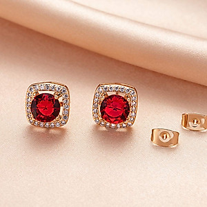 Austrian Crystal Cushion Cut Halo Stud Earrings for Women Fashion 925 Sterling Silver Hypoallergenic Jewelry (Red)