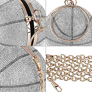 Clutch Purses for Women Evening, Small Basketball Rhinestone Lady Party Wedding Bag, Crossbody Shoulder Ring Handle Handbag (Silver)