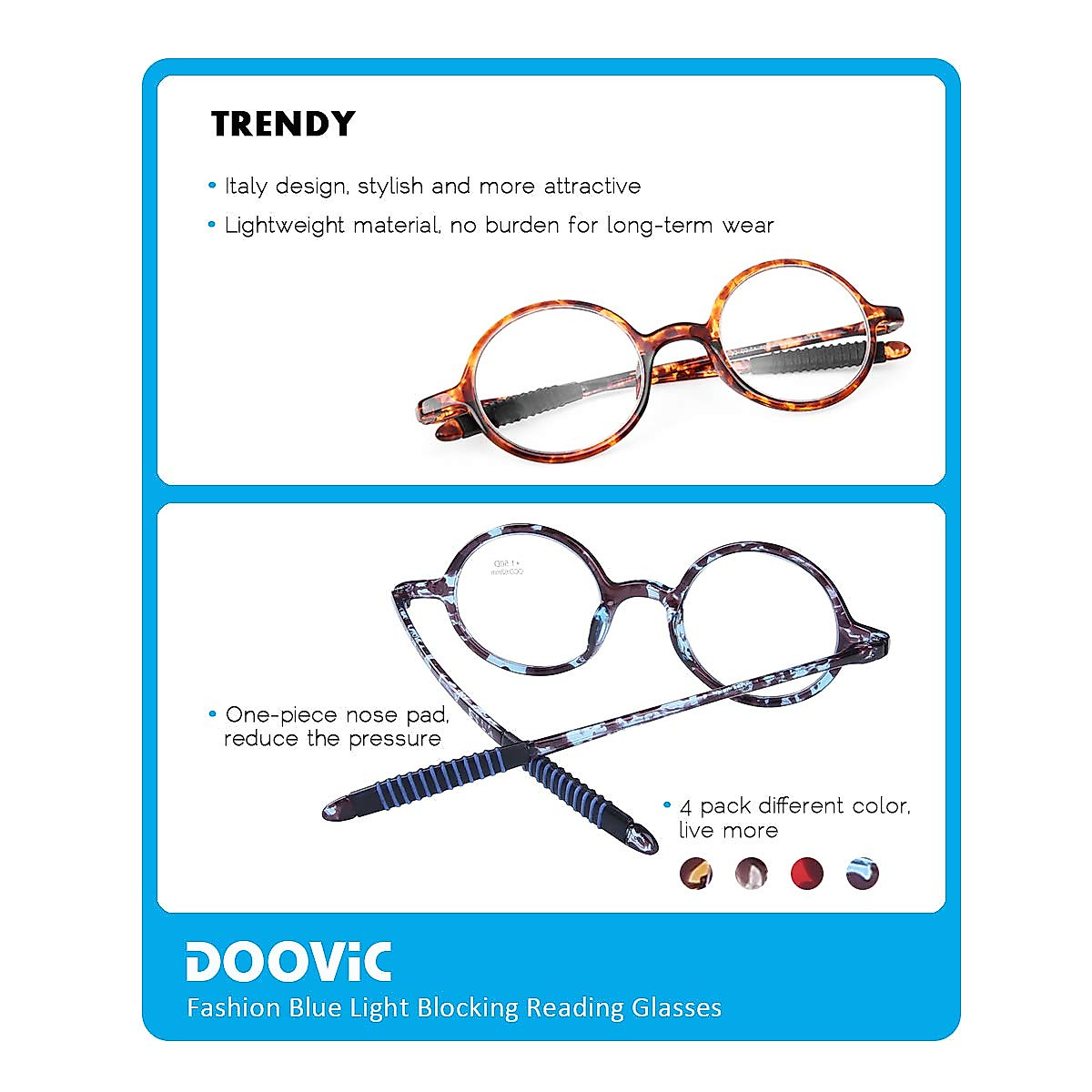 DOOViC Round Reading Glasses Blue Light Blocking Flexible Lightweight Readers Fashion Design Different Tortoise Glasses for Women Men & Men +3.5 Strength