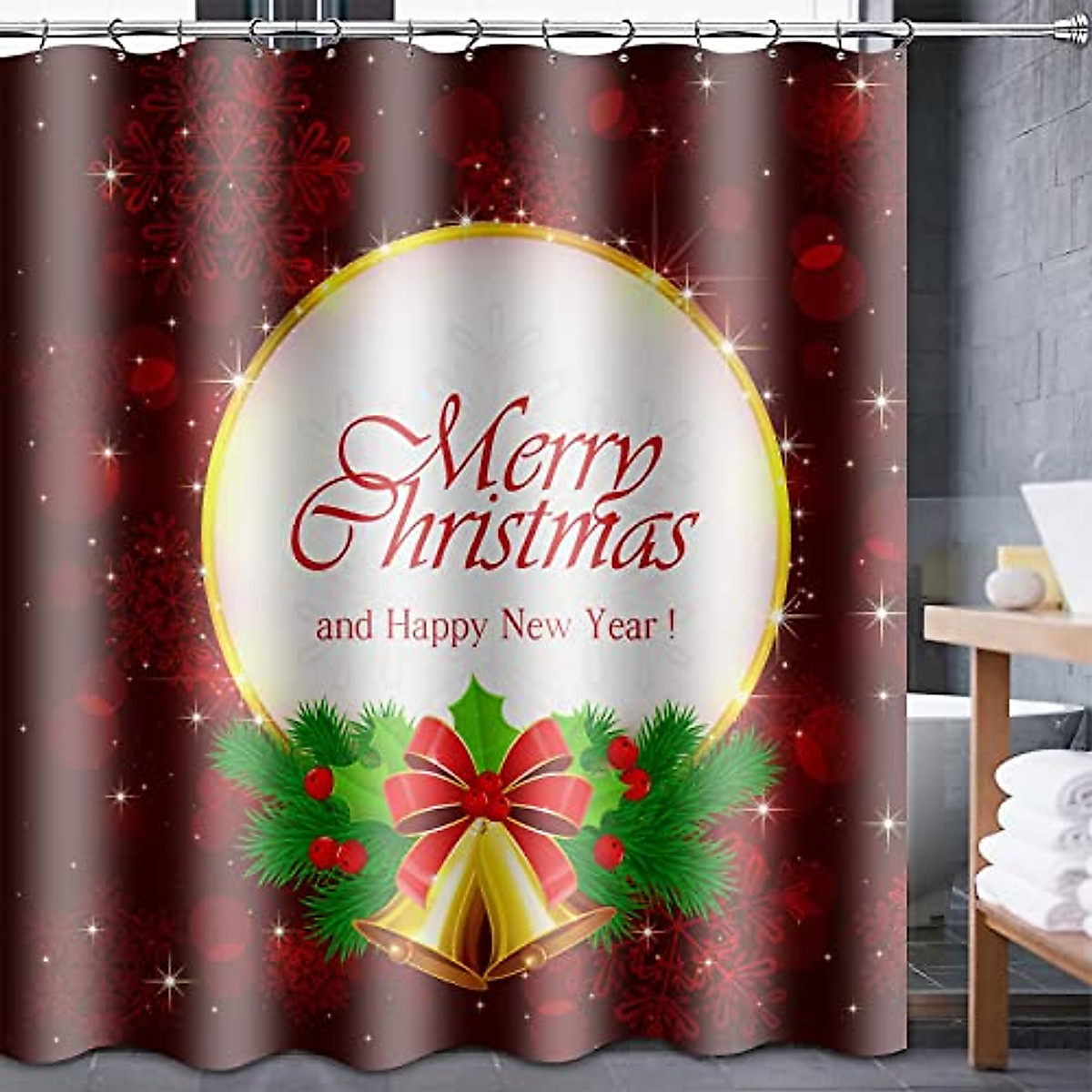 CALARVUK 4PC Merry Christmas Bathroom Sets with Shower Curtain and Rugs, Golden Christmas Bells Shower Curtain Set with Non-Slip Rugs, Toilet Lid Cover and Bath Mat, Holiday Bathroom Decoration Set