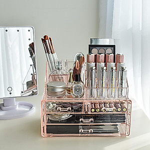 Ikee Design Pink Jewelry & Cosmetic Storage Display Boxes Two Pieces Set, Organizer Makeup Holder, for Vanity