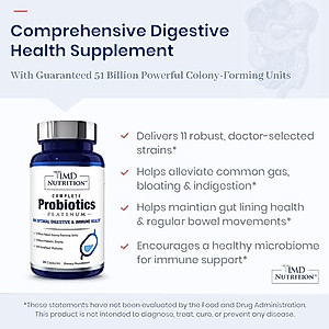 1MD Nutrition Complete Probiotics Platinum - w/Prebiotics and Probiotics for Digestive Health - Probiotic Supplement for Women & Men - More Than 50 Billion Live CFU 11 Strains Dairy-Free - 30 Caps