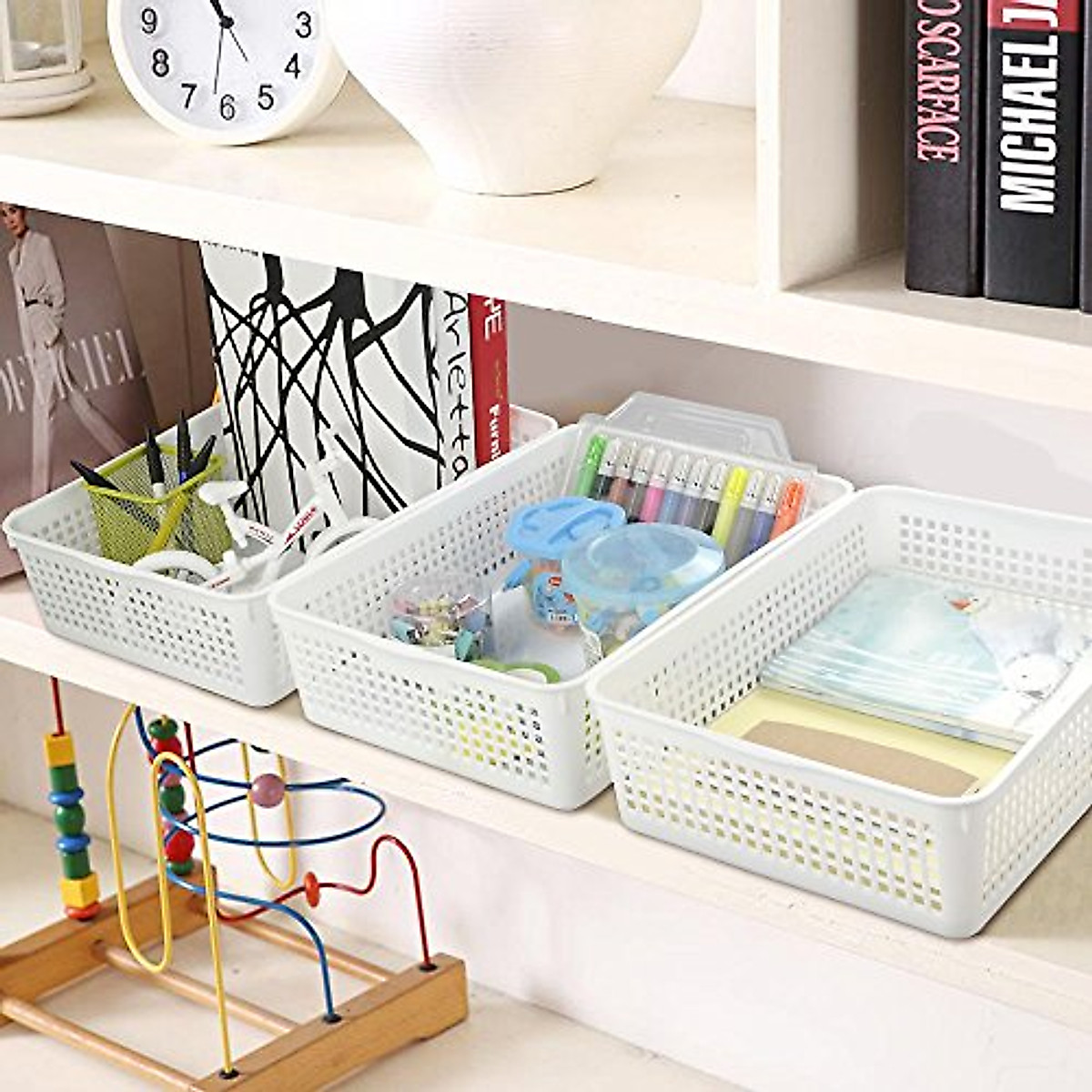 Lesbin Plastic Storage Trays Baskets/Organizing Baskets, 13.2 Inches x 9.6 Inches x 3.6 Inches, Set of 6 (White)