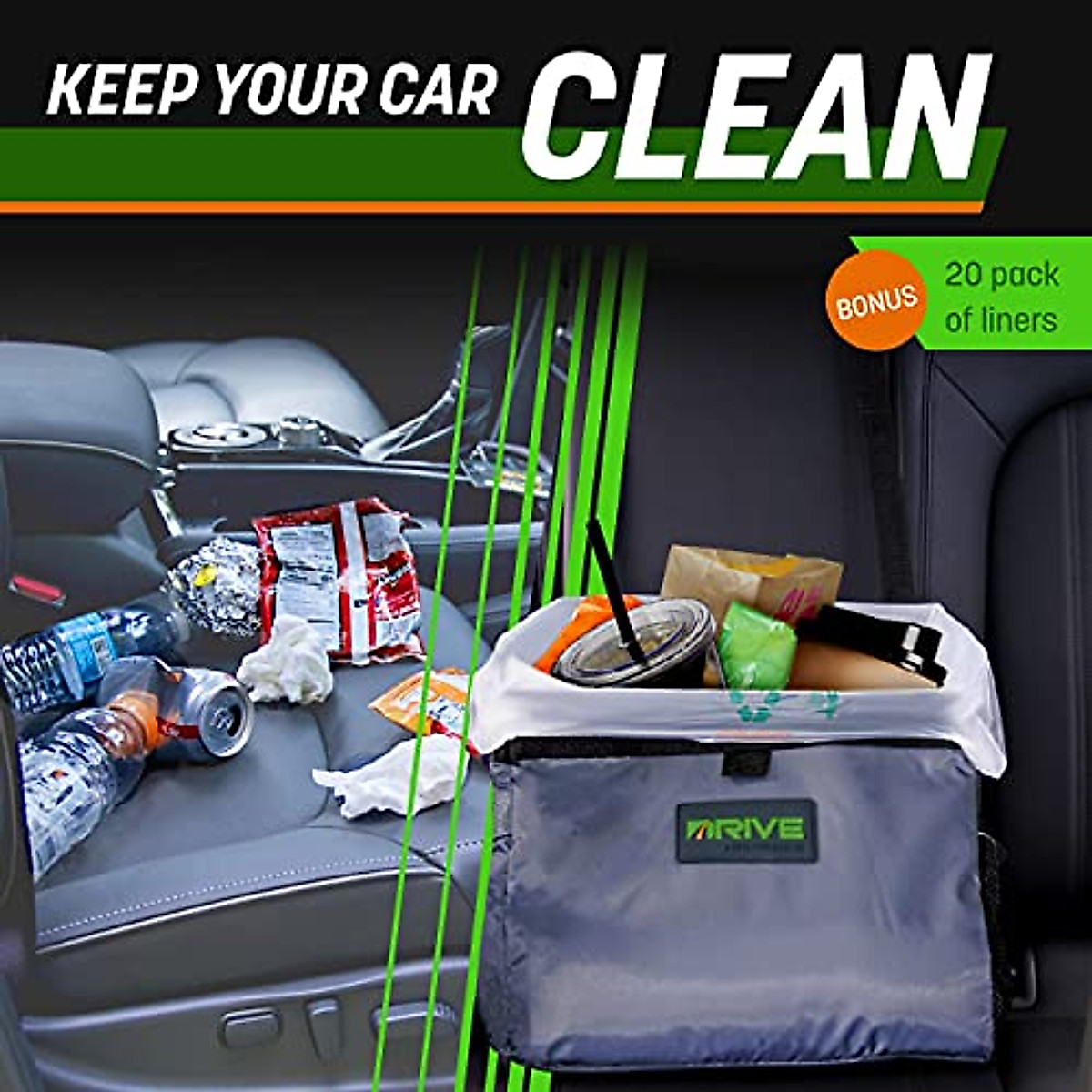 Drive Auto Car Trash Can - Collapsible, Leakproof Garbage Bin with Adjustable Strap and 20 Trash Bags - Car & Truck Accessories for Men and Women - Grey with Lid