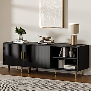 Housoul Combined Modern TV Stand for 55/60/65 inch TV, Small Entertainment Center with Adjustable Shelf, TV Media Stand with Storage Cabinet, TV Console with Gold Legs for Living Room, Bedroom, Black