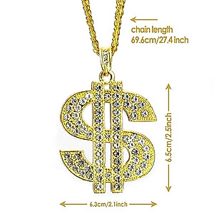2 Pcs Hip Hop Gold Chain Accessories Mens Dollar Sign Necklaces Money Necklace Fake Gold Chain Pendant Necklace Simple Gold Party Prom Necklace Money Sign Necklace for Men Long Gold Plated Necklace