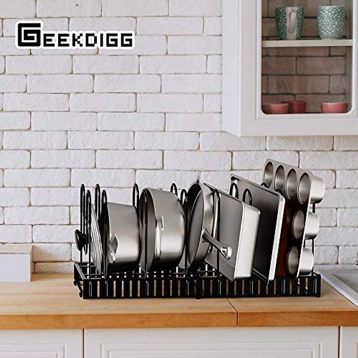 GeekDigg Pot Organizer Rack for Cabinet, Adjustable and Expandable 8+ Pans Pots Lid Organizer Rack Holder, Cabinet Pantry Countertop Bakeware Organizer