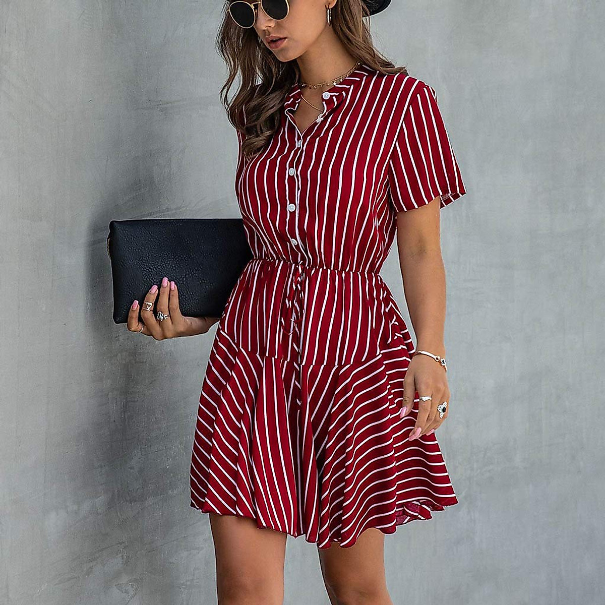Shakumy Women Short Sleeve Button Swing Mini Dress Casual Summer Plaid Stripe Snakeskin Loose Tunic Shirts Short Dress