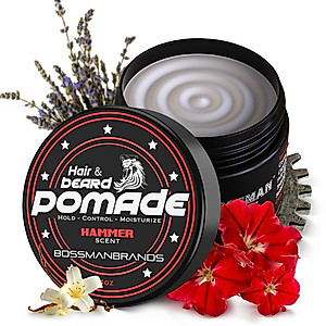 Bossman Hair & Beard Pomade - Gift for Valentine's Day for Him - All Day Hold, Control and Moisturizing Hair, Beard and Moustache Styling Product - Natural Strong Hold Pomade (Hammer Scent)