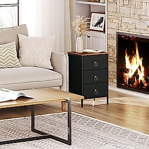 HOOBRO Nightstand, 3-Drawer End Table, Side Table with Fabric Drawers, Sofa Side Table, Metal Frame, Large Storage, for Bedroom, Study, Office, Large Storage, Rustic Brown and Black BF59BZ01