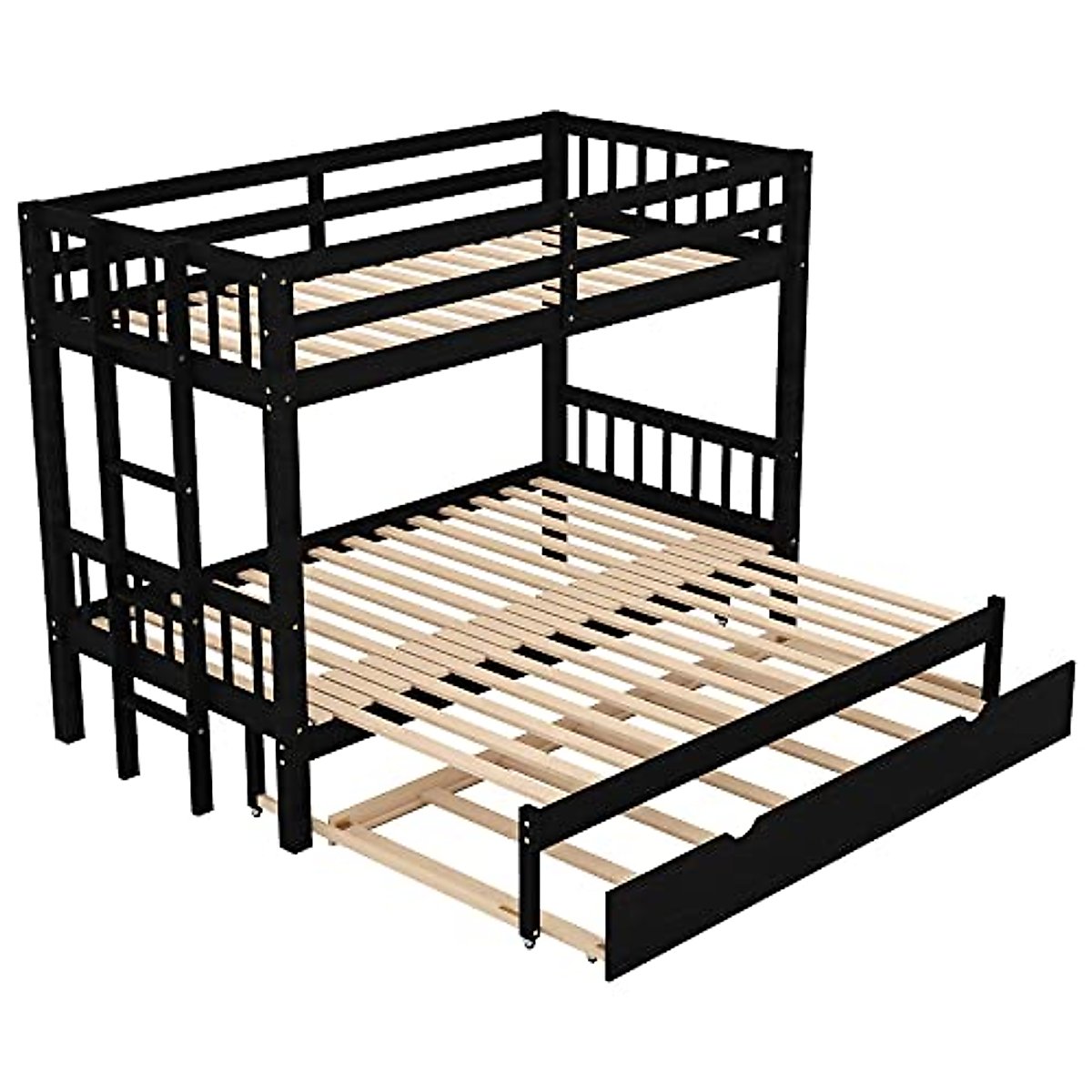 Extendable Bunk Bed with Trundle, Twin Over Double Twin Bunk Bed Frame, Upgraded Version Wooden Bunk Bed with Trundle, Pull-Out Bunk Bed Frame Can Be Extendable, No Spring Box Needed, Espresso