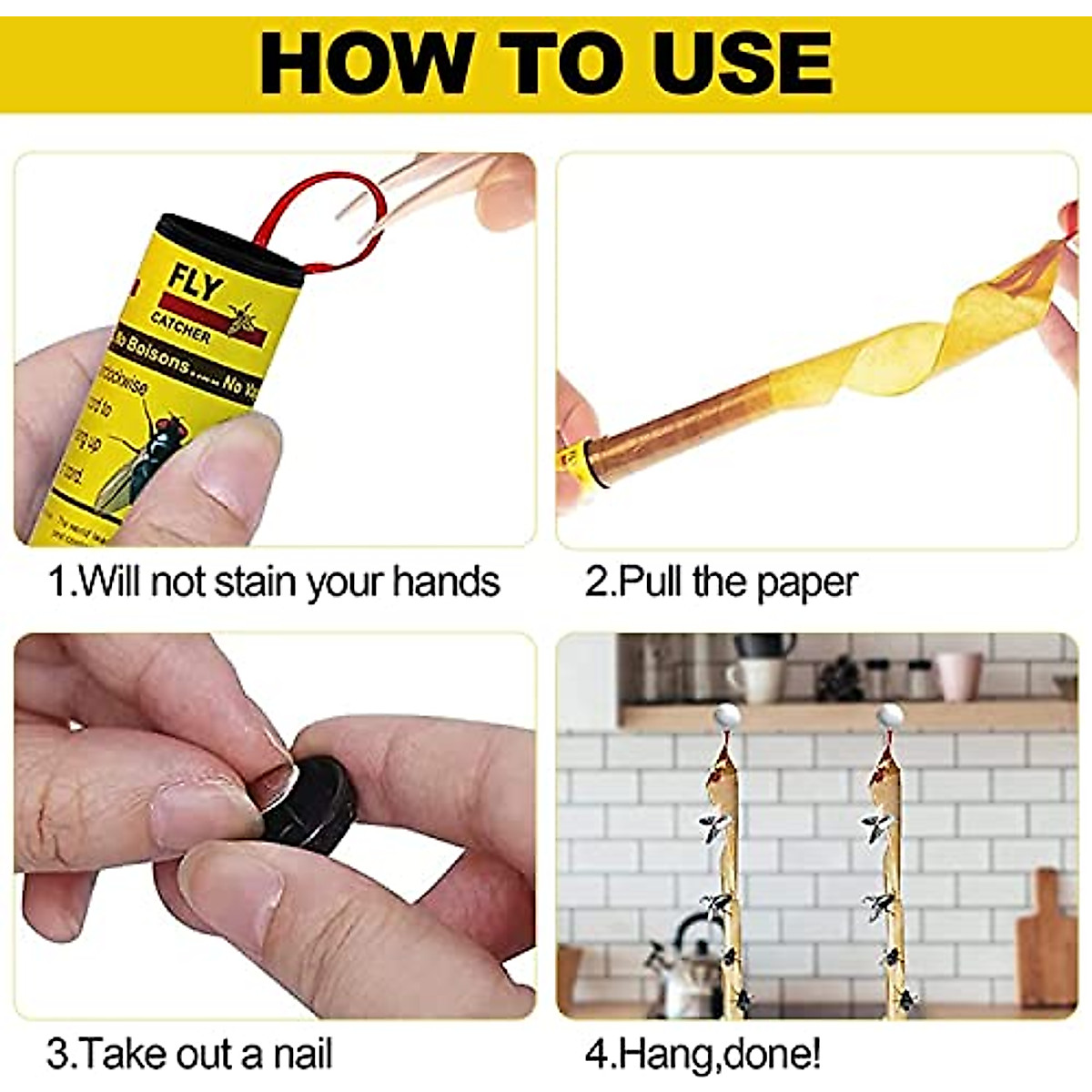 Fly Ribbons Sticky Fly Traps for Kitchen, Fly Strips Catcher Ribbon, Flies Paper Strip Indoor (16Pack)