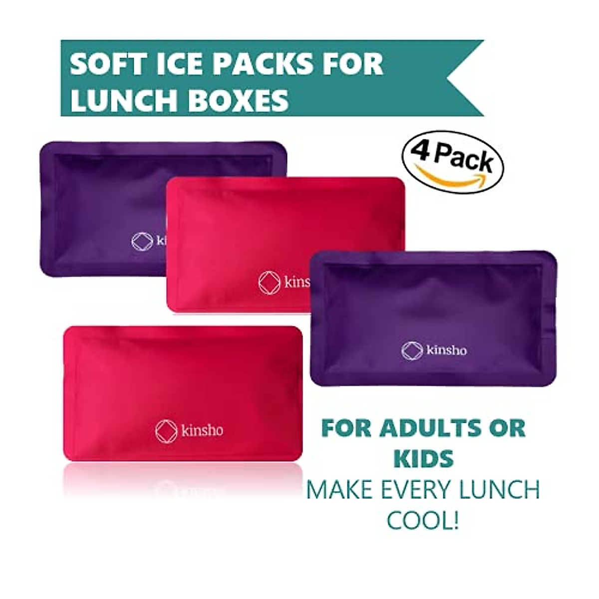 Soft Ice Packs for Lunch Box, Bags, Bento Boxes, 4 Pack, Slim Reusable and Refreezable Pouches for Kids Girls Adults, Travel, School, Work, or Camping, Long Lasting Cold, Flexible | Pink Purple