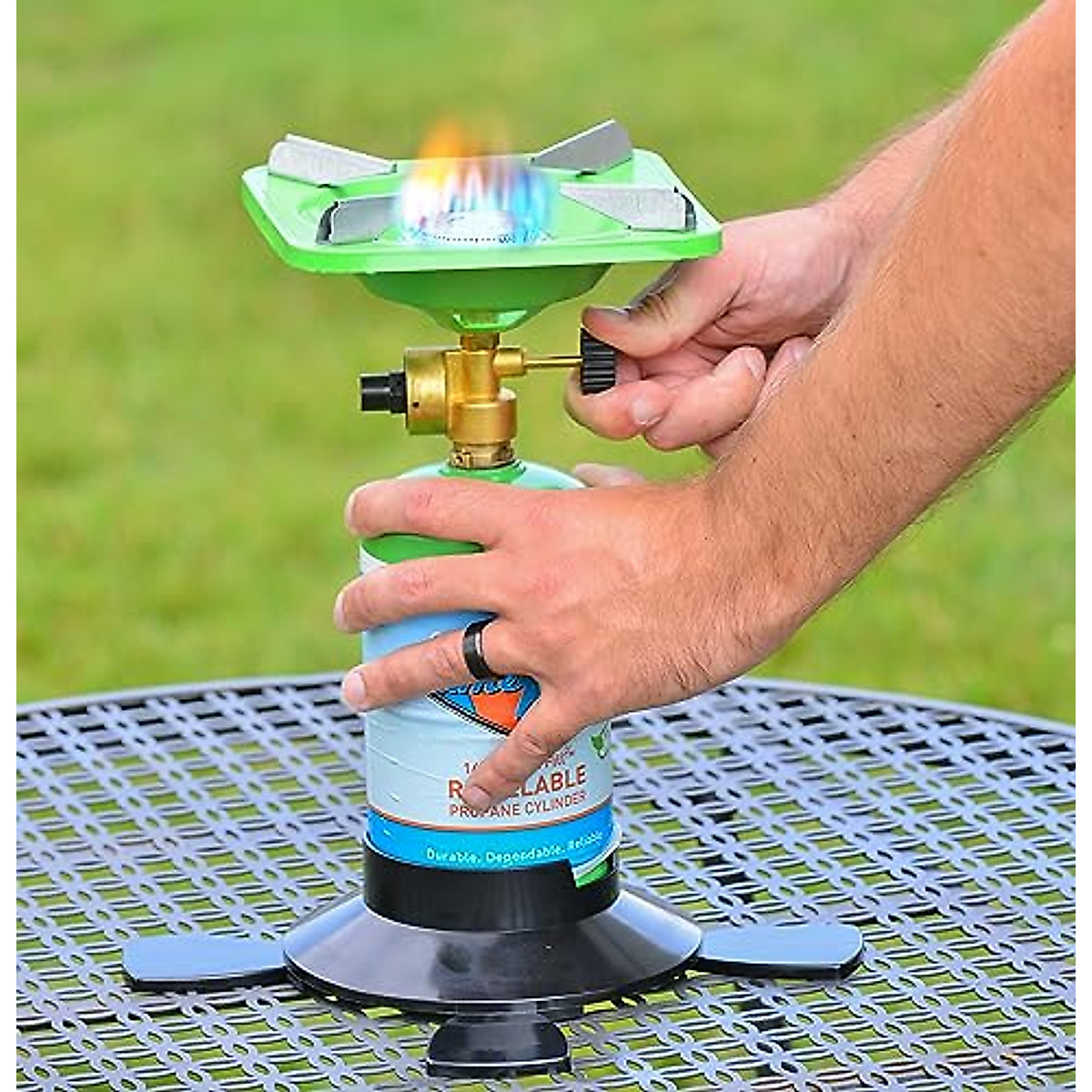 Flame King YSNVT-508 Portable BottleTop Camping Stove with Stable Lightweight Base Stand, Great for Outdoor Cooking, Backpacking, Compatible with 1LB Propane Gas Bottle