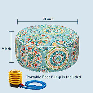 FUNHOME Inflatable Stool Ottoman Footrest with Handle, All Weather Footrest Seat with Foot Pump D20 xH9, Water Repellent Footstool Pouf for Home Patio Garden and Camping Use-Cyan Circle