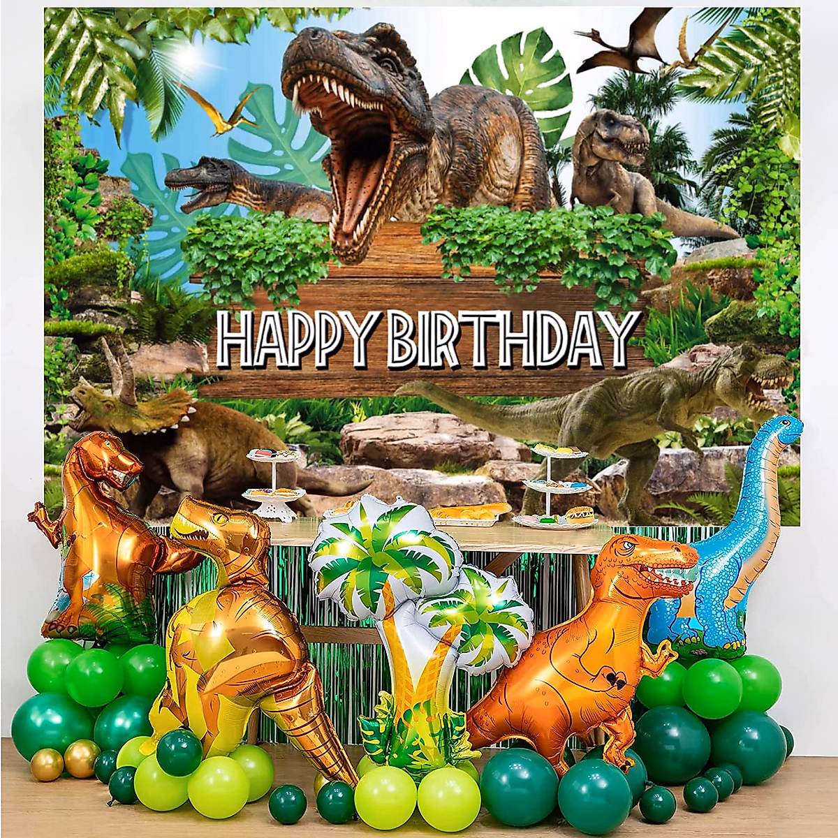 Sensfun Dinosaur Park Birthday Backdrop Dinosaurs World Happy Bday Banner Photography Background for Kids Tropical Safari Jungle Dino Theme Birthday Party Decorations Supplies Photo Booth Props 7x5ft