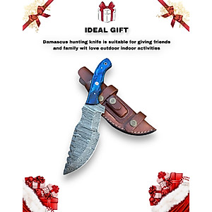 Handmade Hunting Damascus steel Hunting Knife with Genuine Leather Sheath | 10'’ EDC Knife for Men | Fixed Blade Outdoor Knife with Blue Pakka Wood Handle | Damascus Razor Sharp Blade 5212-Blue