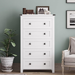 BORNOON Tall Dresser for Bedroom White Dresser with 5 Drawer Wood Storage Tower Chest Large Organizer Cabinet for Kids Room Living Room Hallway Entryway Closet Office