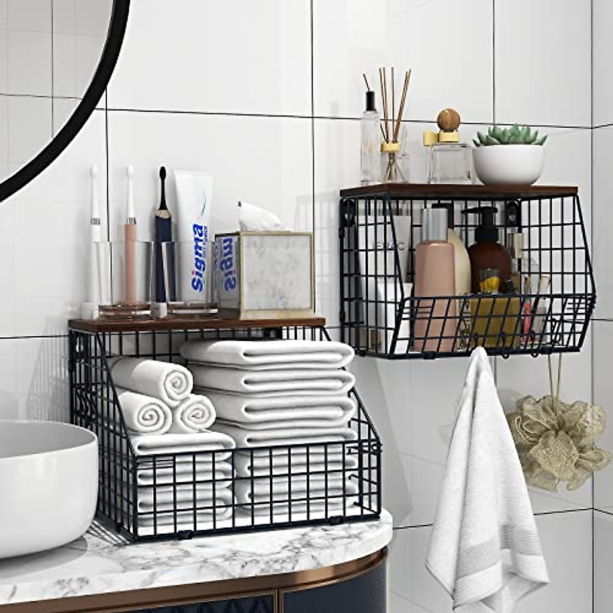Mefirt Fruit Basket, Enlarged 2-Tier Kitchen Organization Wire Basket with Wood Lid, Stackable Wall-mounted & Countertop Tiered Storage Baskets for Potato Storage, Onion Storage, Snack Onganizer etc