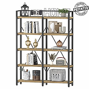 FATORRI Bookshelf, Industrial 5 Tier, Rustic Wood Etagere Bookcase, Metal Tall Book Shelf with Large Open Shelving Unit (Rustic Oak, 51 Inch Wide)