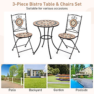 Tangkula 3 Pieces Patio Bistro Set, Outdoor Garden Furniture Set with Round Mosaic Coffee Table & 2 Folding Chairs, Portable Bistro Table & Chair Set for Balcony, Backyard, Poolside, Porch, Balcony
