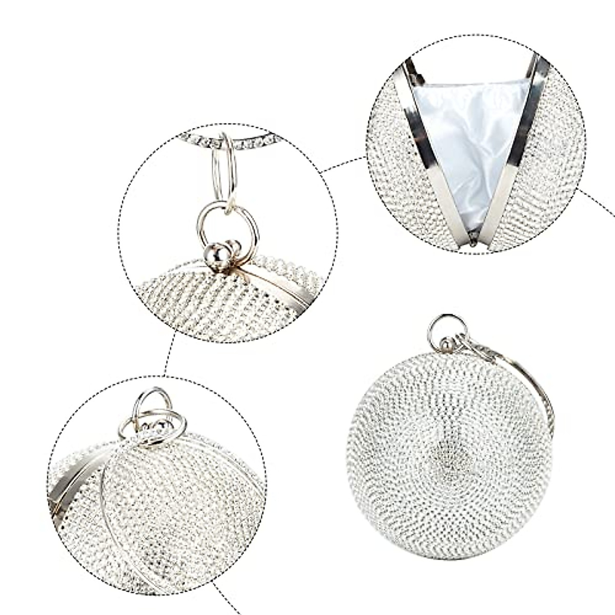 GripIt Women's Evening Round Ball Bag Diamond Clutch Purse Glitter Party Wedding Handbag with Chain,Silver