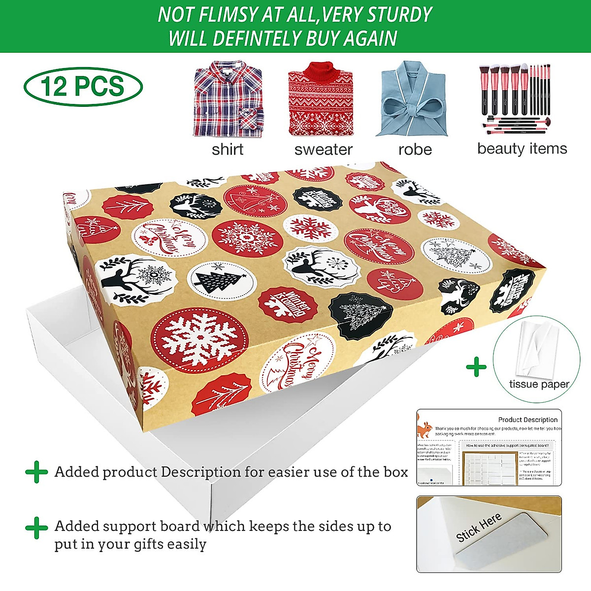 12 Large Christmas Gift Wrap Boxes bulk with Lids, 12 tissue paper and 80 Count Foil Christmas Tag Stickers for wrapping oversized Clothing (Robes, Sweater, Coat, Shirts) and Xmas Holiday Present