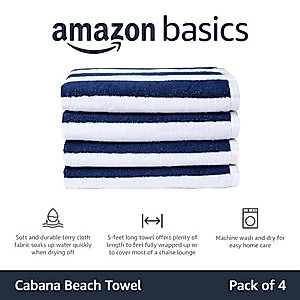 Amazon Basics Cabana Stripe Beach Towel, Pack of 4, Navy Blue, 30 in x 60 in